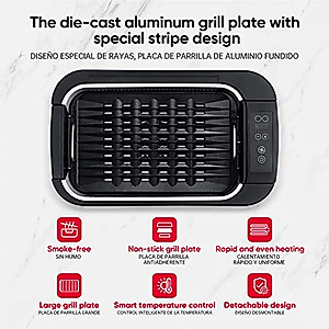 X&E Smokeless Indoor Grill, 6 heating tubes, 1500W indoor grill,Smoke Extractor Technology,Tempered Glass Lid, 15*9 Nonstick Removable Surface, Touch Screen, Dishwasher-Safe, Black Portable BBQ Electric Grill.