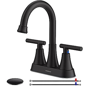 Bathroom Faucets for Sink 3 Hole, Hurran 4 inch Matte Black Bathroom Sink Faucet with Pop-up Drain and 2 Supply Hoses, Stainless Steel Lead-Free 2-Handle Centerset Faucet for Bathroom Sink Vanity RV