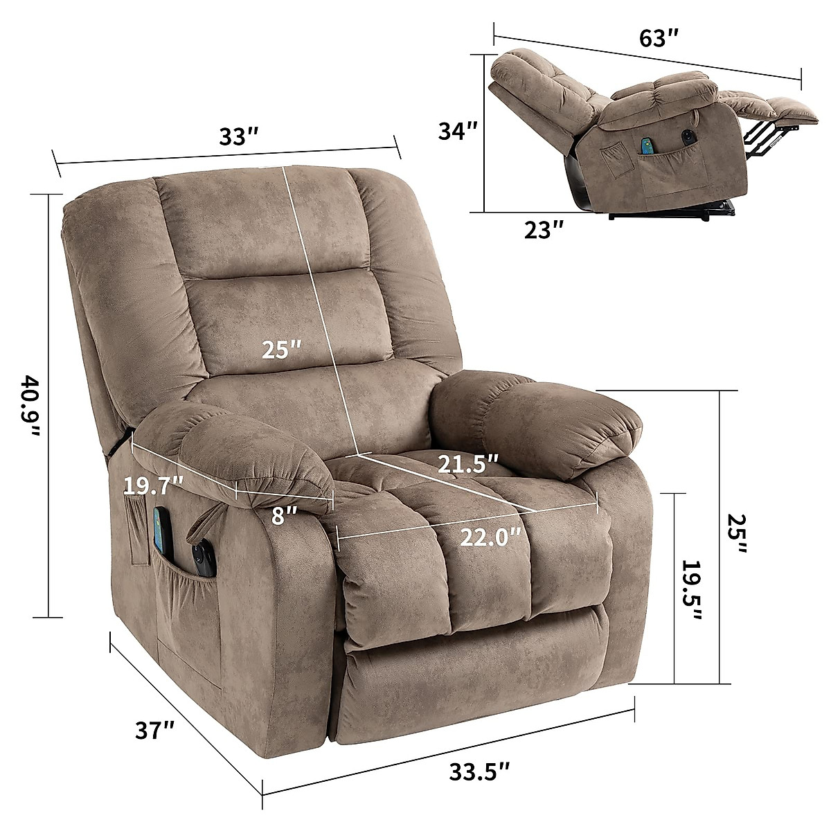 KoiHome Electric Power Lift Lounge Sofa Chair Recliner for Elderly, Massage Heating Function, Premium Living Room Relax Chair with Side Pockets, Remote Control, 160 Degree Lying Flat (Beige+Brown)