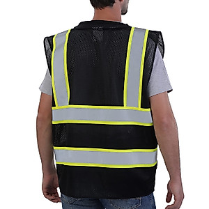 Neopelta Reflective Safety Vest Black Mesh, High Visibility Vest with Pockets and Zipper, Padded Neck, Black with Yellow Trim L