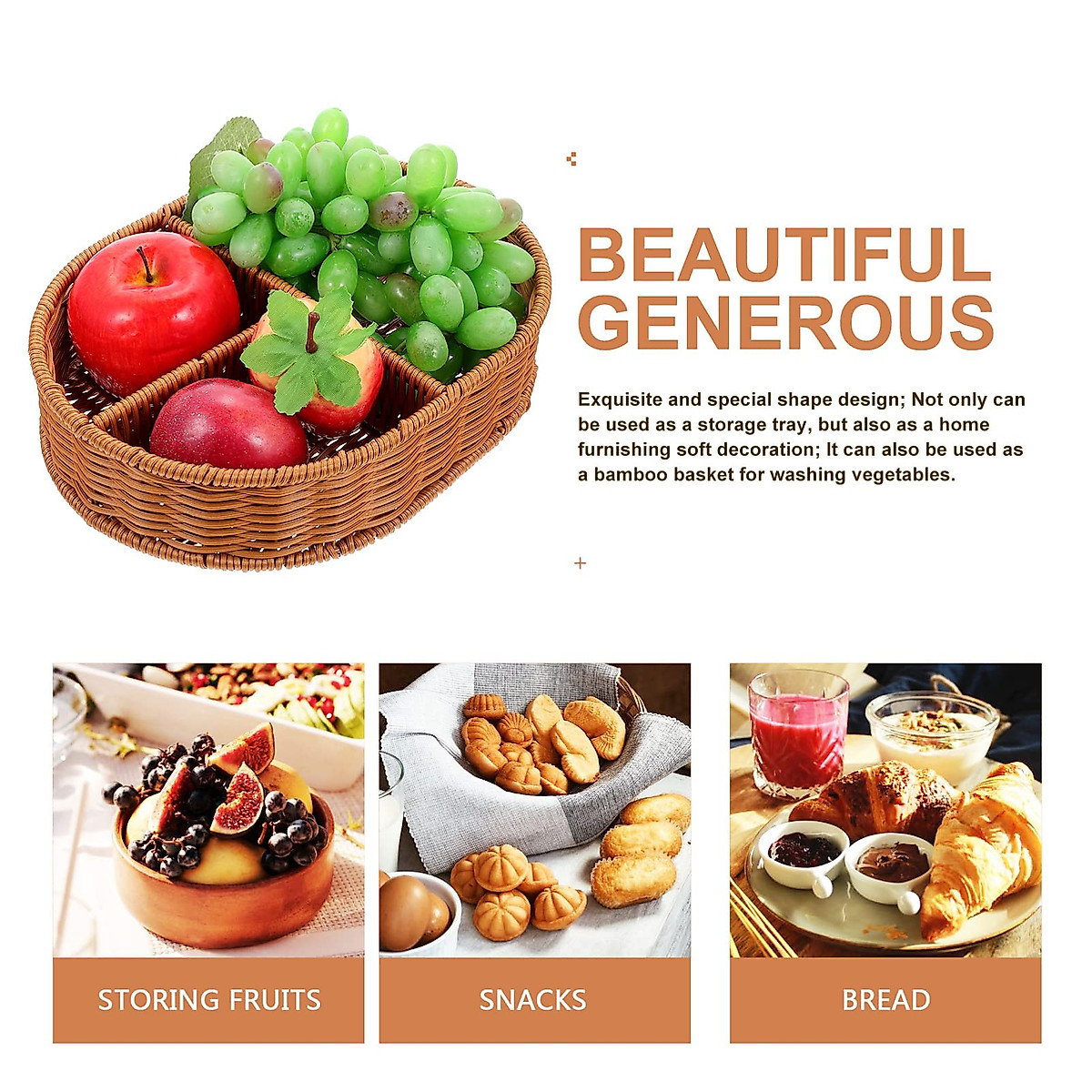 DOITOOL Rattan Serving Tray 3 Compartments Wicker Fruit Bread Basket Woven Ottoman Tray Rustic Cupcake Snack Candy Serving Platter for Appetizer Vegetable Storage