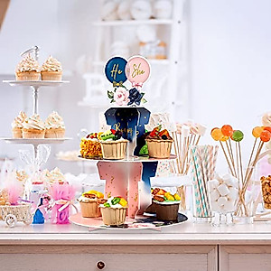 Gender Reveal Party Cupcake Stand Decorations, Blue and Pink 3 Tier Baby Shower Cupcake Toppers Tower Cardboard Supplies for Boy Girl Baby Gender Reveal Birthday Party Favors (Flower)