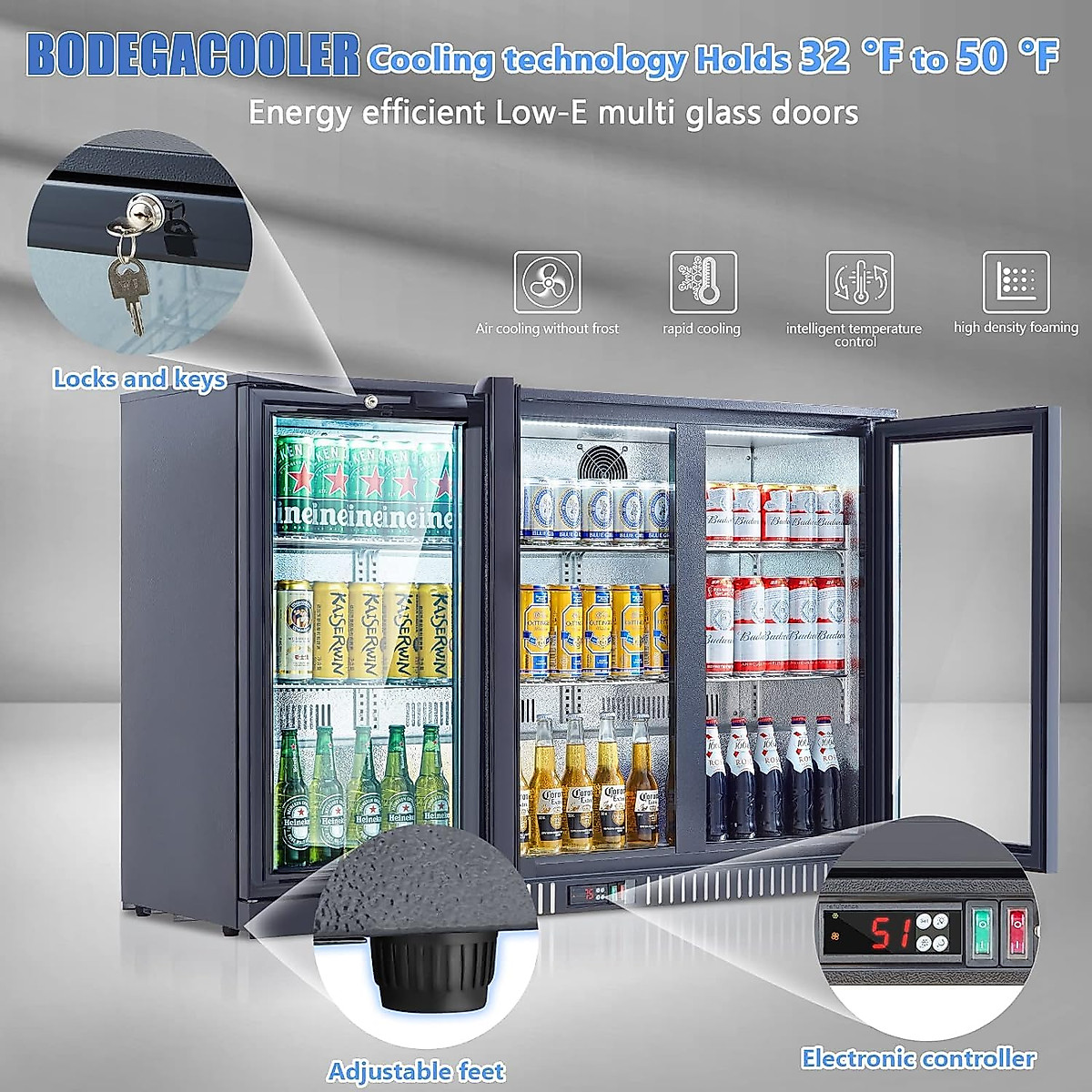 BODEGACOOLER Back Bar Cooler With 3 Glass Doors,Counter Height Beverage Refrigerator,11.4Cu.Ft Commercial Display Bar Fridge with LED Lighting,21 inch Beverage Cooler for Beer,Soda Drinks,Wine