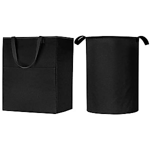 WANYU 2pcs 78L Large Canvas Fabric Lightweight Storage Basket Freestanding Laundry Hamper, Collapsible Large Laundry Bag, Folding Washing Bin, for Clothes Toys. (Square+Round, Black