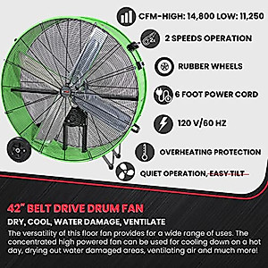 K Tool International 77746; 42 Inch Belt Drive Drum Fan with Easy Mobility Rubber Wheels, Ideal for Industrial, Garage or Barn, 2-Speed Control, Auto Overheat Cut-Off Protection, 14,800 Max CFM, Green