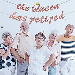 Glitter Happy Retirement Banner Bunting - Rose Gold The Queen Has Retired Banner - Retirement Party Farewell Party Decorations Supplies for Women