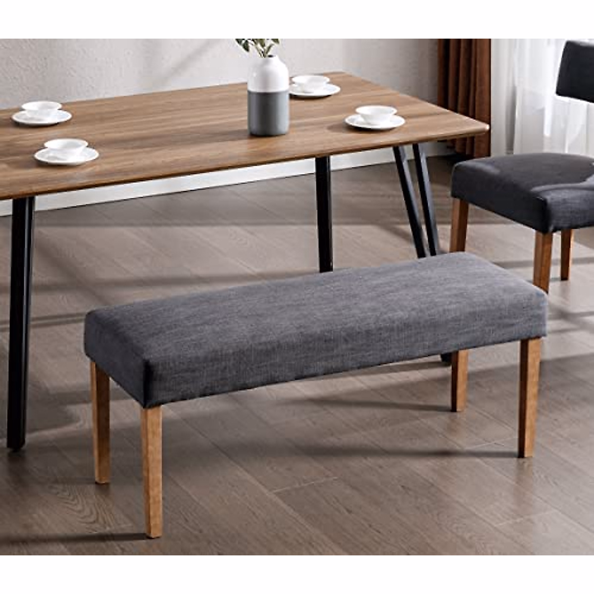 VESCASA Charcoal Linen Upholstered Dining Bench with Natural Wood Legs, 44.5" W Entryway Farmhouse Padded Bench for Dining Room, End of Bed, Kitchen, Living Room, 1 PC