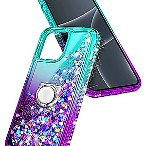 NGB Supremacy Compatible with iPhone 13 Mini Case with Tempered Glass Screen Protector/Ring Holder/Wrist Strap, Girls Women Liquid Bling Sparkle Floating Glitter Cute Phone Case (Aqua/Purple)