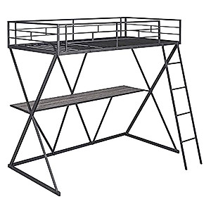ATY Metal Loft Bed with Wood Desk and Ladder, X-Shaped Twin Size Bedframe w/Full-Length Guardrails, for Kids Teens Adults, Bedroom Furniture, Black