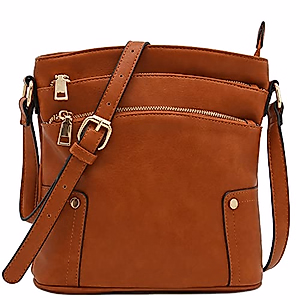 FashionPuzzle Triple Zip Pocket Medium Crossbody Bag (Dark Tan)