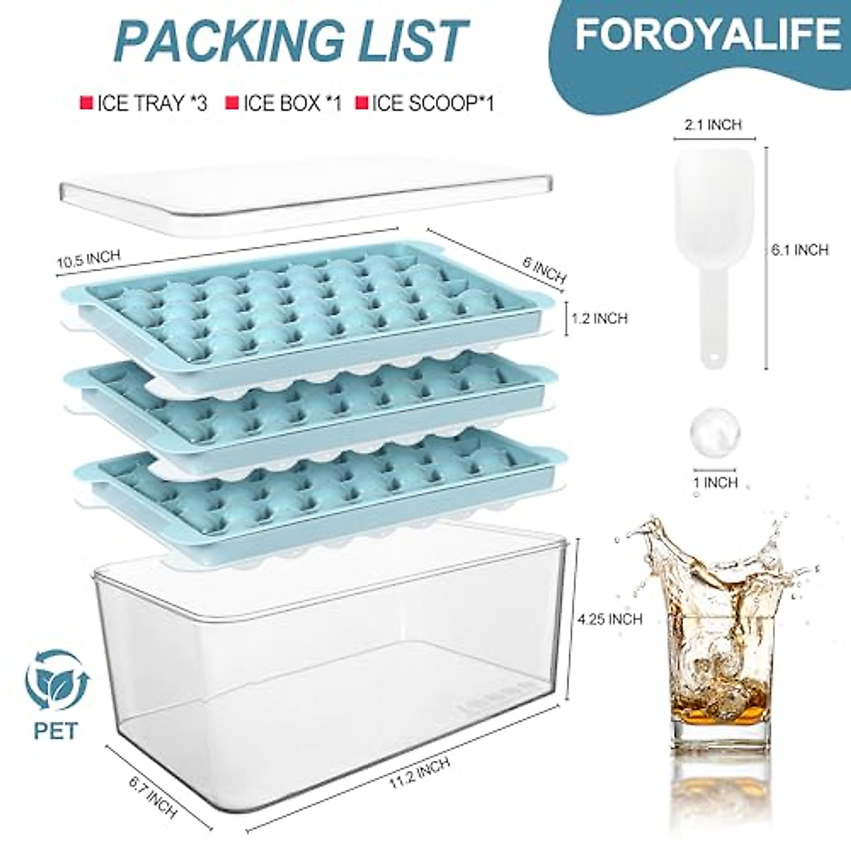 Ice Cube Tray, 3 Packs Round Ice Cube Trays for Freezer, Easy-Release 1 IN X 111 Pcs Ice Ball Maker Mold with Removable Lid and Bin Making Ice Balls for Tea Coffee Cocktail Whiskey (Blue)