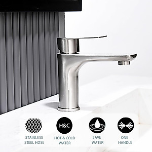 Single Hole Bathroom Faucet, Stainless Steel Bathroom Faucets, Brushed Nickel Commercial Bathroom Sink Faucet,Single Handle Bathroom Sink Faucet with Supply Lines, BF019L
