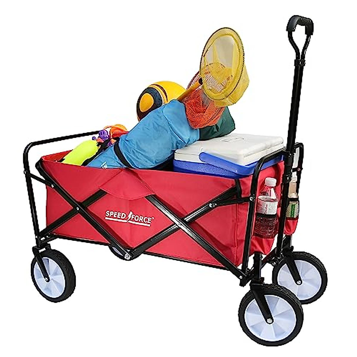 SPEEDFORCE Collapsible Folding Wagon, Utility Beach Wagon Cart, Side Pockets and Adjustable Handlebar, All Terrain Stroller Wagon for Outdoor Activities, Camping, Garden. Red