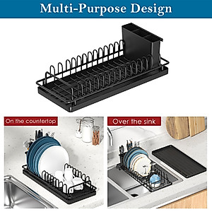 XYZLVSI Small Dish Drying Rack, Compact Dish Rack Sink Drying Rack with Silicone Mat, Dish Drainer Dish Organizer for Kitchen Counter & Over Sink, Stainless Steel, Black