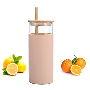 20 Oz Glass Water bottle with bamboo lid Glass Tumbler with silicone protective sleeve Cup (peach) Glass water bottle Coffee cup