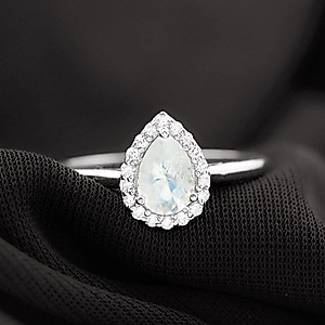 Natural Certified 5X7 MM Moonstone Halo Engagement Ring with Diamond, AAA Quality (With Ready To Gift Jewelry Box), 14K White Gold, Size:US 6.50