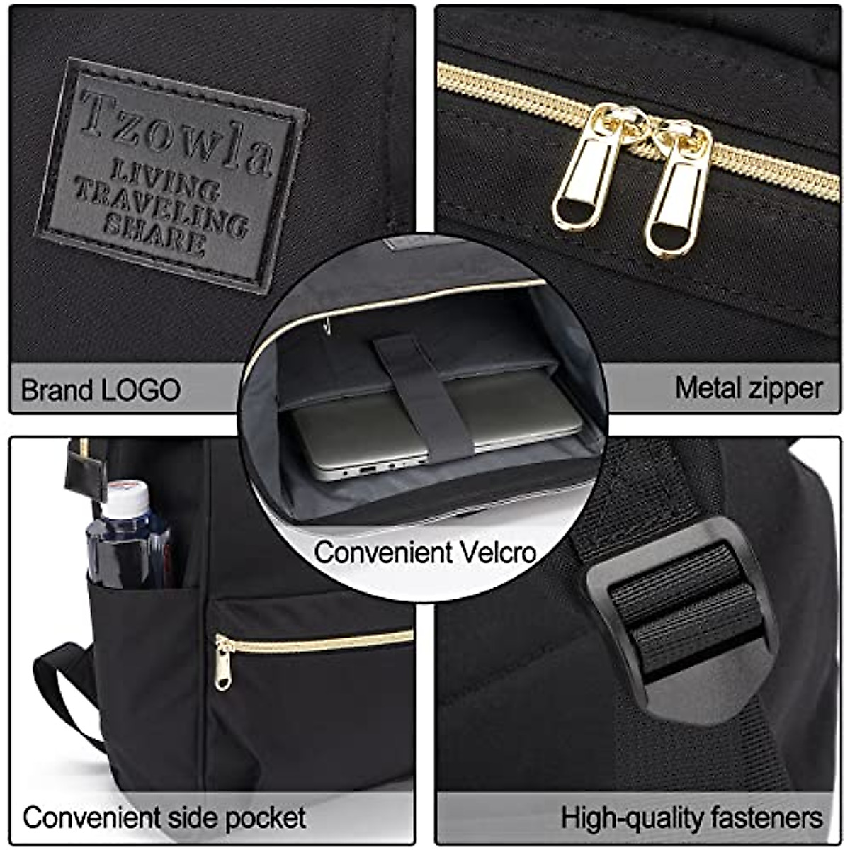 Tzowla Laptop Backpack for Women, Carry on Backpack, Durable Water Resistant, Light Weight, Reinforced Edges and Steel Frame, Metal Zippers, Travel, Black, 15.6 Inch