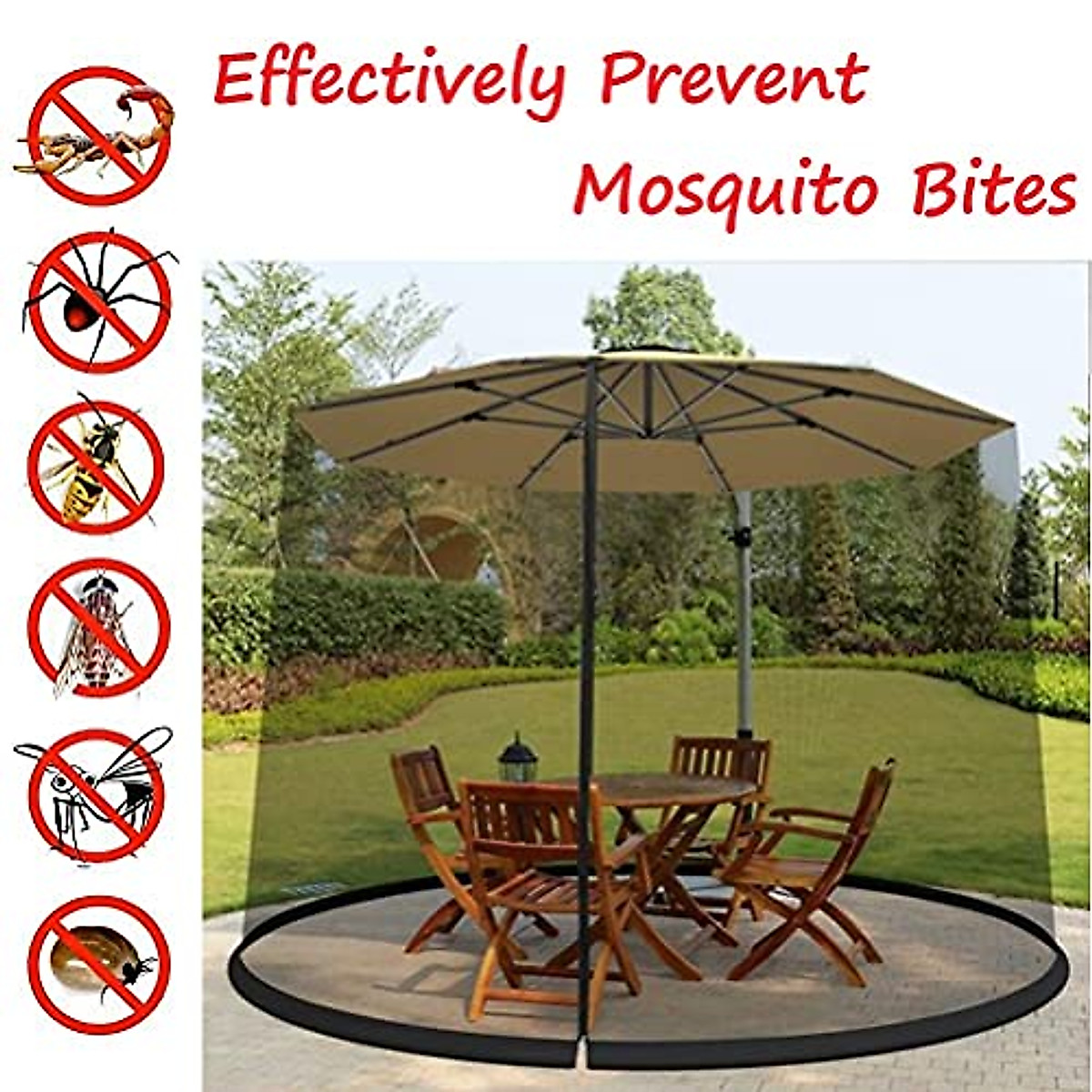 NC Umbrella Screen 10ft Patio Umbrella Mosquito Nets with Double Zipper Door Adjustable Top Drawstring Outdoor Umbrella Table Screen Fits FT Umbrella Bug Screen for Garden(Black)