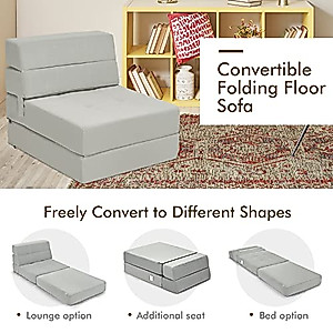 COSTWAY Triple Fold Down Sofa Bed, 3-in-1 Fold Floor Couch Lounge Sleeper with Thick Cushion, Flock Fabric, Convertible Design, Portable Single Guest Bed Mattress for Living Room Bedroom (Grey)