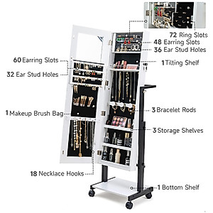 LAVIEVERT LED Mirror Jewelry Cabinet with 4 Wheels, 47.2" Full Length Mirror with 3 Color Lights, Lockable Jewelry Armoire with Built-in Mirror, Bottom Shelf, 3 Adjustable Angles & Height - White