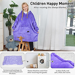 Solaris Wearable Blanket Hoodie for Kids - Warm Soft Gift, Oversized Cozy Sherpa Fleece Sweatshirt Pullover for Teens, Girls, Boys, Large Pocket, Purple