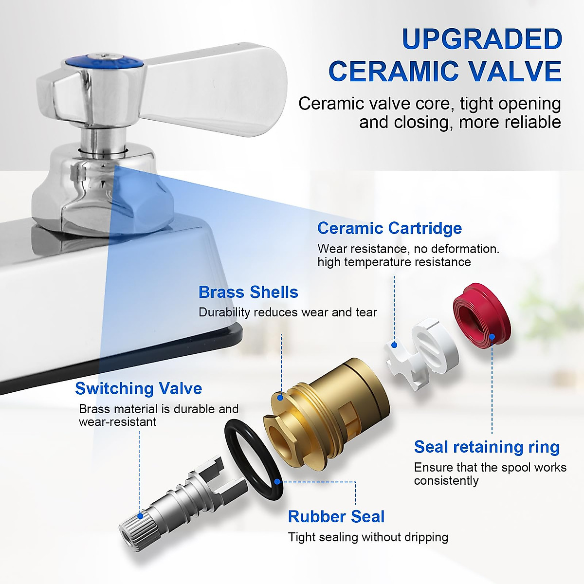 Upgraded Commercial Bar Sink Faucet 4 Inch Center Deck Mount Hand Sink Faucet Brass Constructed & Chrome Polished with 3-1/2" Gooseneck Spout & Ceramic Valve & Dual Lever Handles