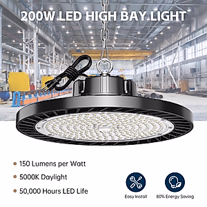 lvsdak UFO LED High Bay Lights 5000K 200W 30000LM AC100-277V with Plug High Bay Led Shop Lights Suitable for Warehouse Workshop Factory Gym Garage Barn 6 Pack