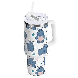 Wfrish Cute Blue Hippos Tumbler with Handle and Straw Lid, 40 oz Insulated Coffee Cup Stainless Steel Water Bottle Travel Mug Cupholder Friendly,Gifts for Women Men