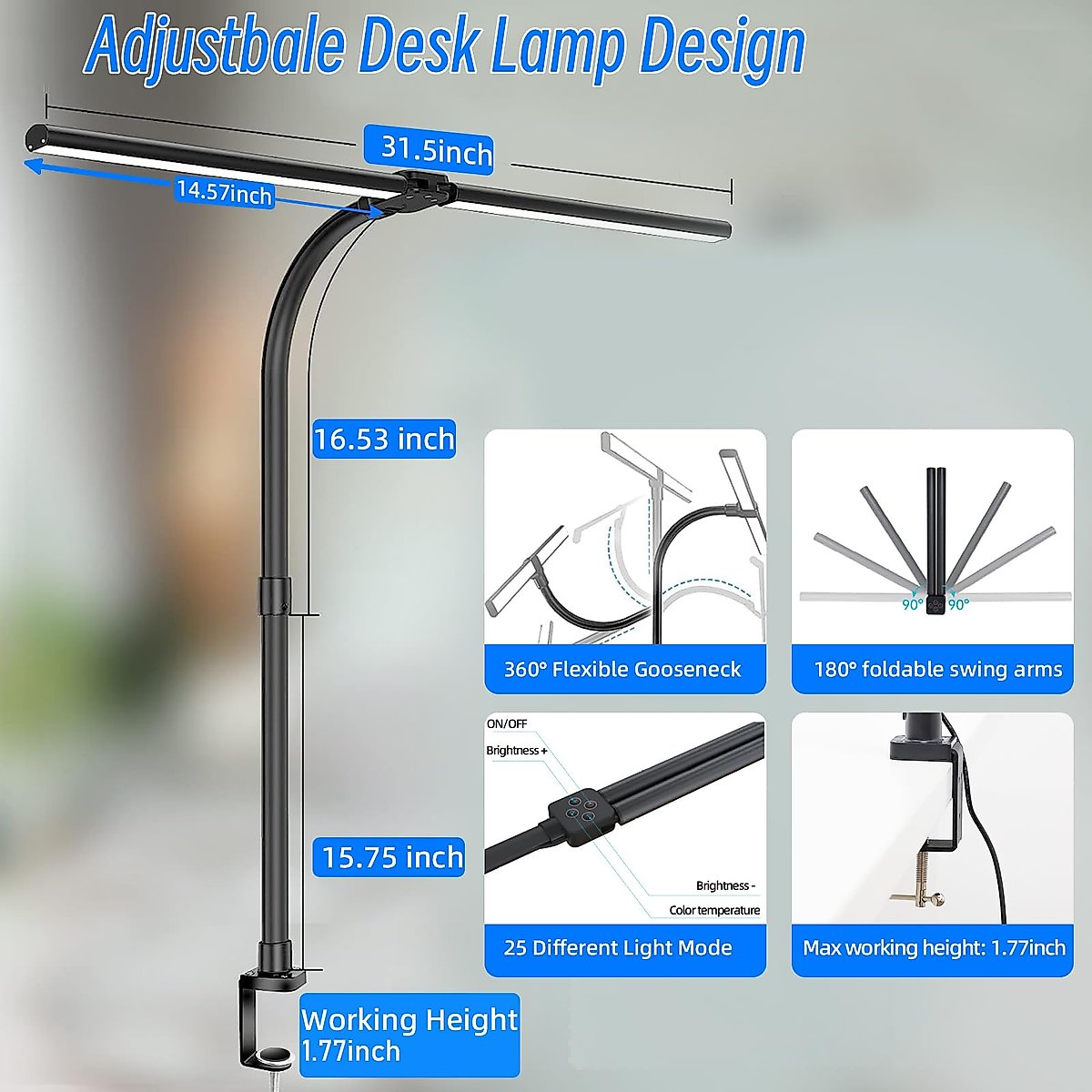Mellkang Double Head Gooseneck Desk Lamp with Remote, 31.5 inch Super Wide 24W Bright Architect Table Lights with Clamp, Dimmable Eye Protection Lamp for Reading, Monitor or Studio Tasks
