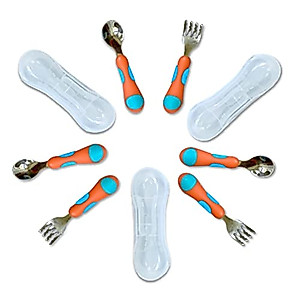 Kids Utensils Toddler Silverware Set x 3 - Stainless Steel Fork Spoon with Travel Case. Metal Cutlery for 1 2 3 4 years old Baby Boy Girl, Round Handle for Lunch-Box, 6 Pieces Orange Blue