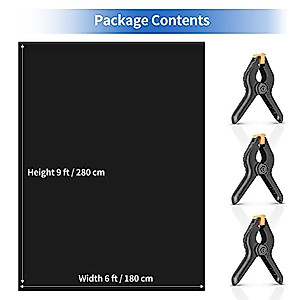 Hemmotop Black Backdrop Background 6 x 9ft Polyester Fabric Chromakey Black Screen Backdrops Collapsible for Photography,Birthday Party,Wedding Stage,Photoshoot with 3 x Backdrop Clip Clamp