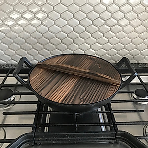 Kasian House Cast Iron Wok, Pre-Seasoned with Wooden Lid 12" Diameter and Large Handles, Stir Fry Pan