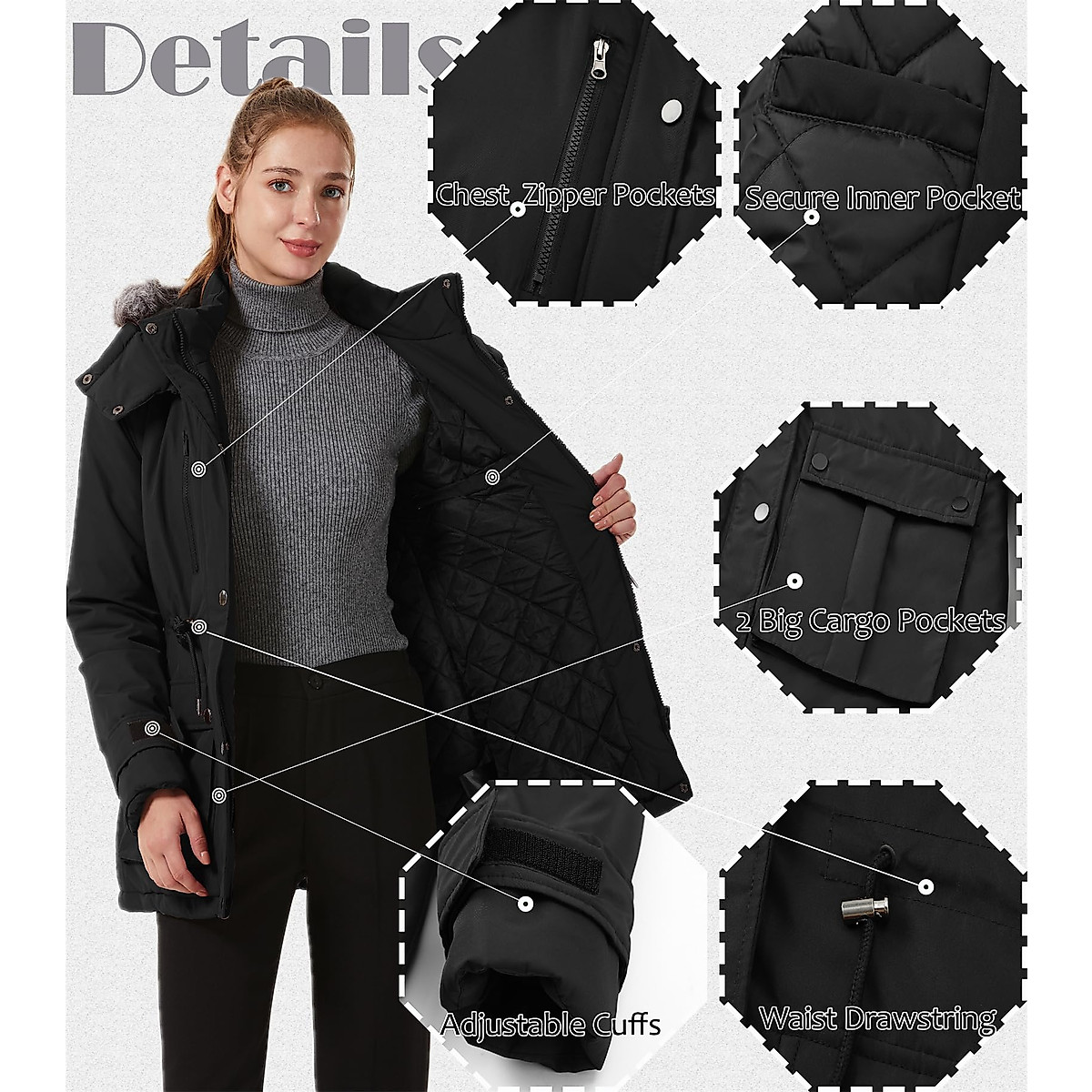 GGleaf Women's Thicken Parka Quilted Puffer Jacket Winter Coat Warm with Removable Hood Black XX-Large