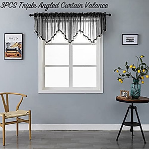 PearAge Beaded Sheer Triangle Valance Curtains for Living Room,Rod Pocket Farmhouse Window Valance, Bead Trim Tassel Voile Sheer Curtain Valance for Bedroom Bathroom Cafe 51x24 Inches (Black) 1PC