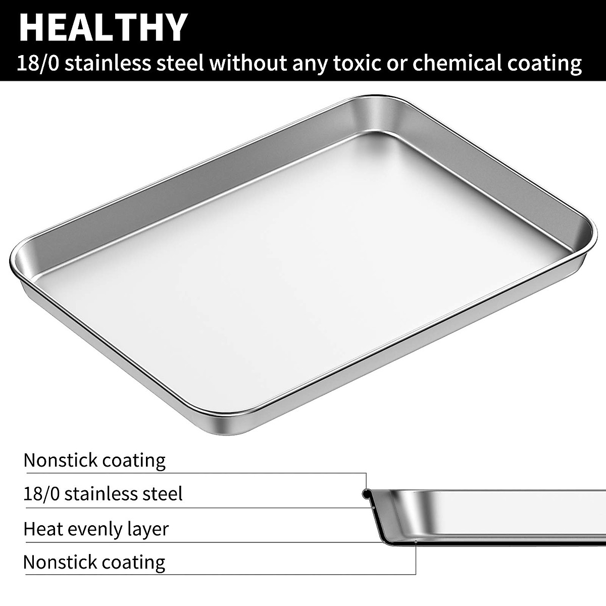 Baking Sheet Set of 2, Bastwe 18 inch Commercial Grade Stainless Steel Baking Pan, Professional Bakeware Oven Tray, Healthy & Non-toxic, Rust Free & Mirror Finish, Easy Clean & Dishwasher Safe
