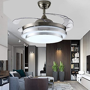 Southerns Lighting 42" Invisible Ceiling Fan with Retractable Blades and Remote Ceiling Fan Light Kit for Bedroom Livingroom Low Profile Kitchen eCiling Fan with Light (Silver-04)