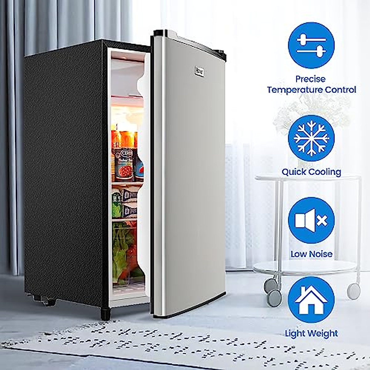 WANAI Mini Fridge With Freezer 3.2 Cu.Ft Single Door Small Refrigerator Energy-efficient, Low Noise, Mini Fridge For Bedroom Dorm and Office, Silver