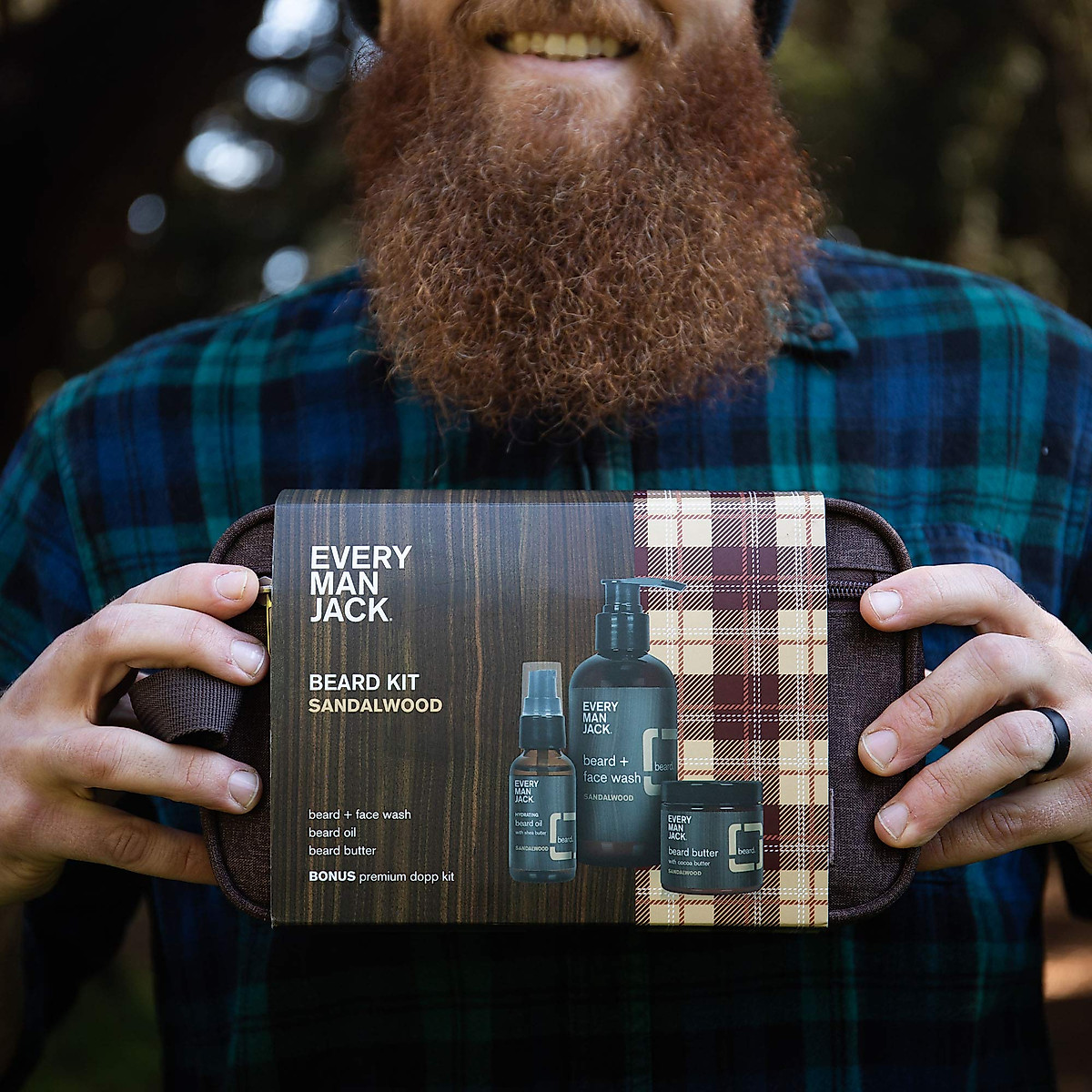 Every Man Jack Mens Sandalwood Beard Set - Perfect for Every Guy - Includes Full-Sized Grooming Essentials - Beard + Face Wash, Beard Oil, Beard Butter + Dopp Bag