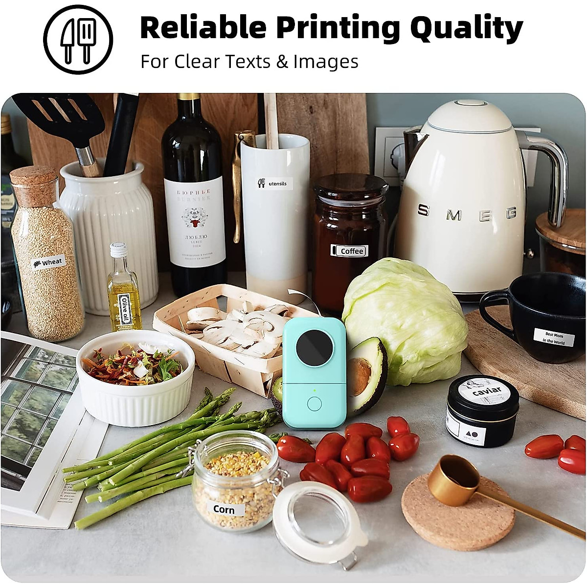 Phomemo D30 Label Maker Machine with 4 Tapes-Black on White Tape 12mm 0.47 in, Mini Bluetooth Label Printer, Portable Smart Phone Handheld Sticker Mini Labeler Inkless Rechargeable, BPA-Free