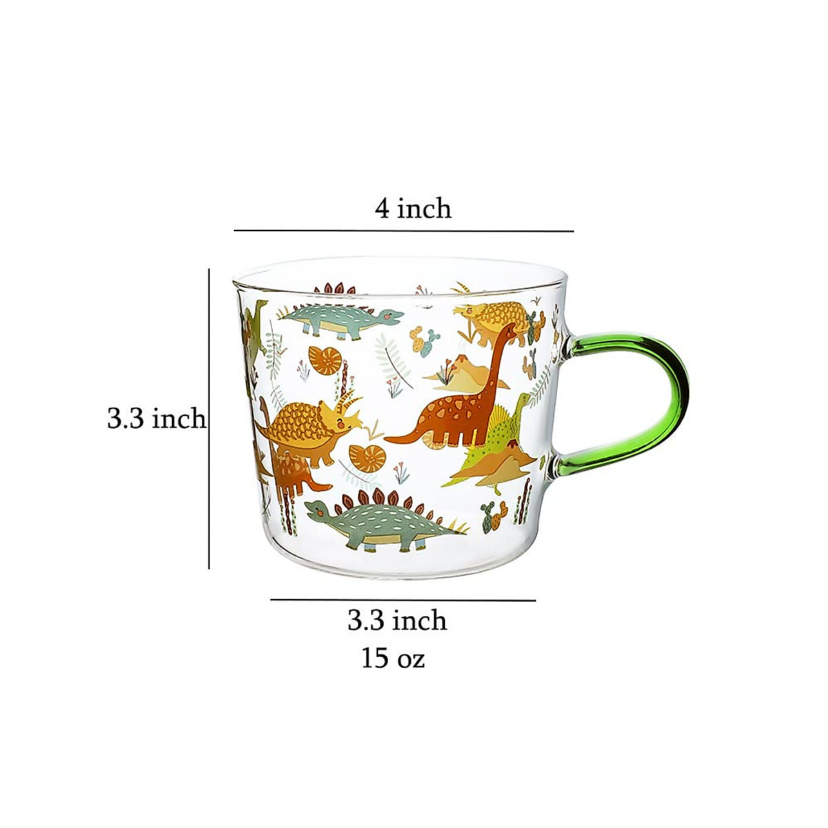 Sizikato Borosilicate Glass Breakfast Cup with Handle, 15 Oz Cereal Bowl Milk Mug, Dinosaur and Plant Pattern