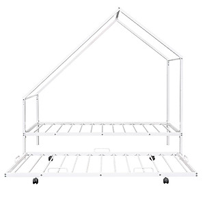 Metal House Bed with Trundle, Montessori Bed Twin Size Platform Bed Frame with Roof, Tent Bed, Modern Style Heavy-Duty Steel Frame Playhouse Bed for Kids Teens Girls Boys (Twin, White)