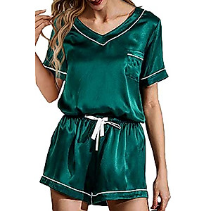 CHYRII Women Silk Pajamas Sets Soft Satin Two Piece Pj Sets Short Sleeve and Shorts Loungwear Sets Sleepwear Green M