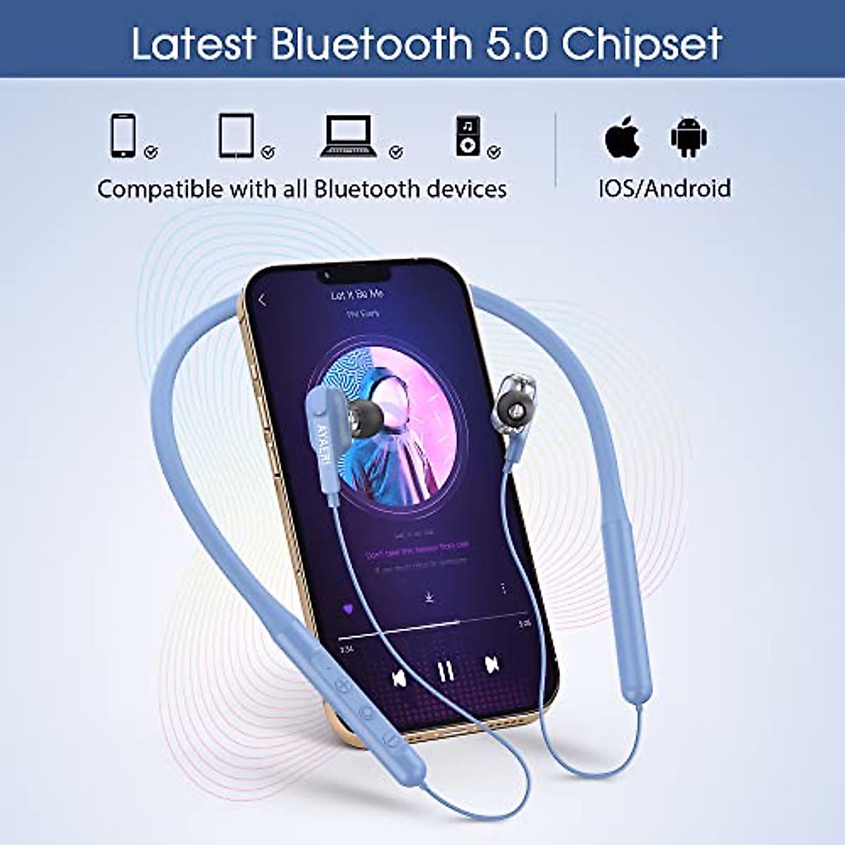 Ayaeri Bluetooth 5.0 Neckband Headphones Wireless Earbuds with Microphone Comfortable Ergonomic Design Auto Pairing 12H Playtime Sound with Stereo Bass for iPhone & Android (Blue)