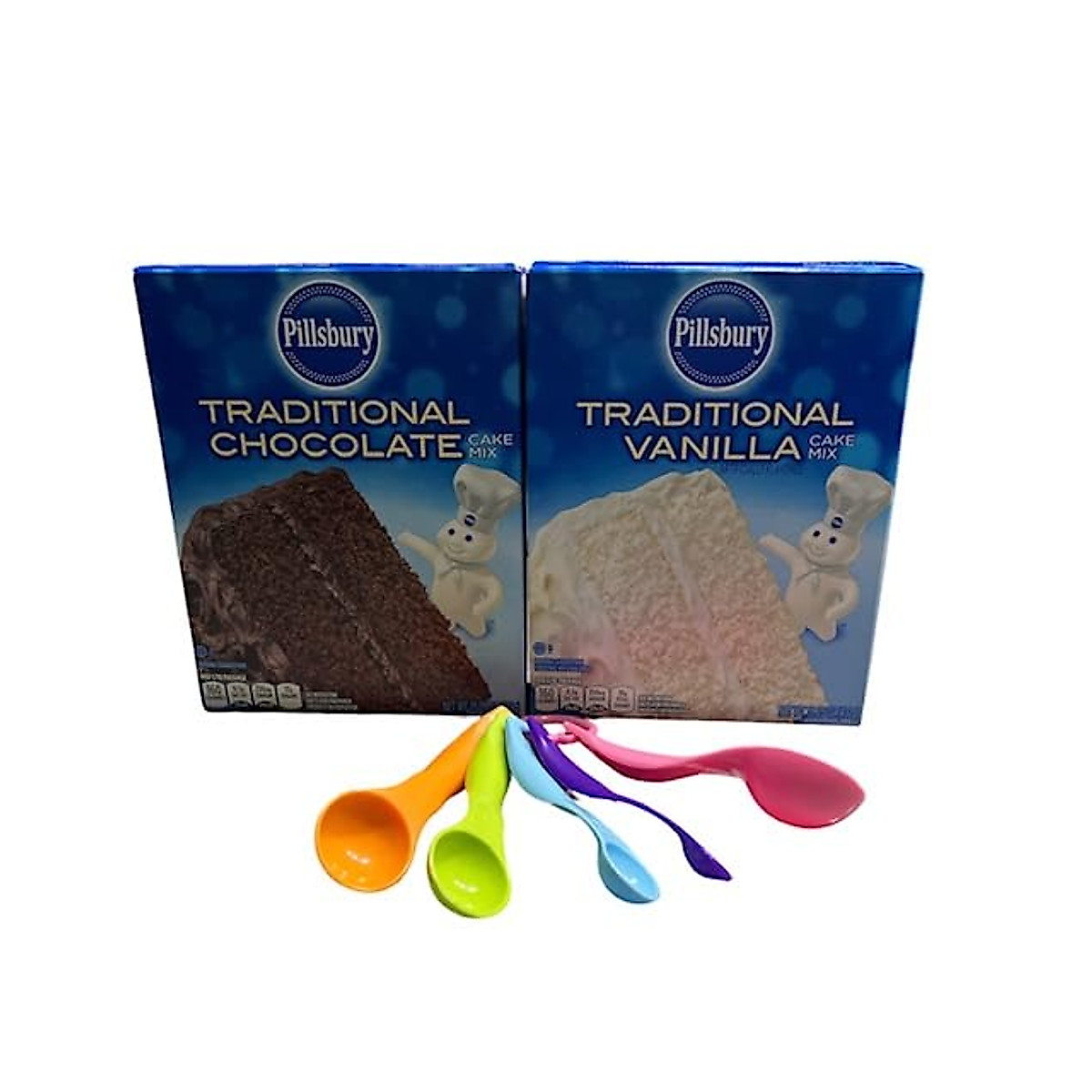Pillsbury 2 PACK Traditional Cake Mix, Chocolate and Vanilla Mix Cake With Measuring Spoons.
