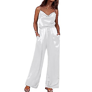 Ekouaer Pajamas for Women Silk Cowl Neck Cami Top Wide Leg Long Pants Set Satin Pjs Sleepwear 2 Piece Lounge Set White,Medium