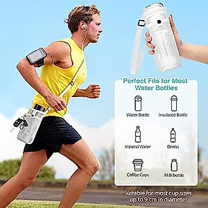 Water Bottle Bag with Strap, Mesh Water Bottle Holder Crossbody Water Bottle Sling Bag Adjustable Shoulder Strap and Pocket - Lightweight Water Bottle Carrier for Walking Sports Hiking Camping (White)