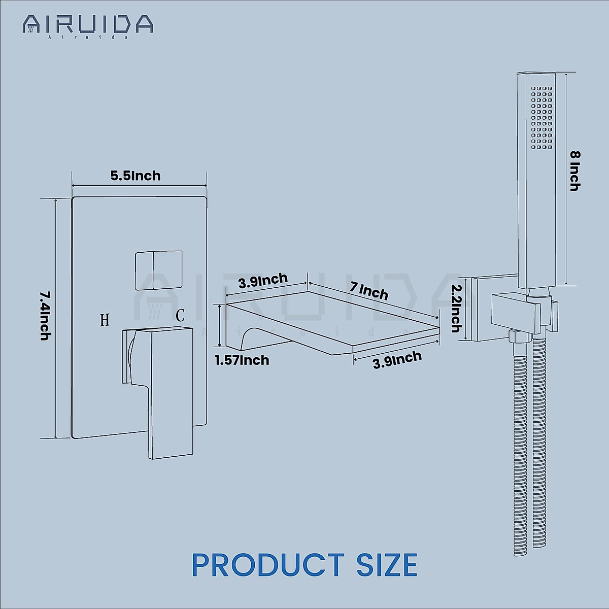 Airuida Wall Mount Tub Faucet with Waterfall Tub Spout Wall Mounted Bathtub Faucet with Handheld Shower Single Handle Tub Filler Shower Faucet Set with Rough-in valve Straight Spout Matte Black