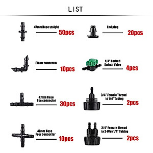 128 Pcs 1/4 Barbed Connectors Irrigation Fittings Kit, 3/4'' to 1/4'' Hose Adapter,Convert 3/4" Female Hose Thread to 2-Way 1/4" Tubing for Repair Drip Irrigation Fittings Misting Cooling System
