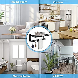 COSIFO Black Bathroom Shelf with Towel Bar and Shower Hooks, 15.5inch Wall Mounted Shower Storage Shelf, Space Aluminum Double Layer Towel Rack Hanger