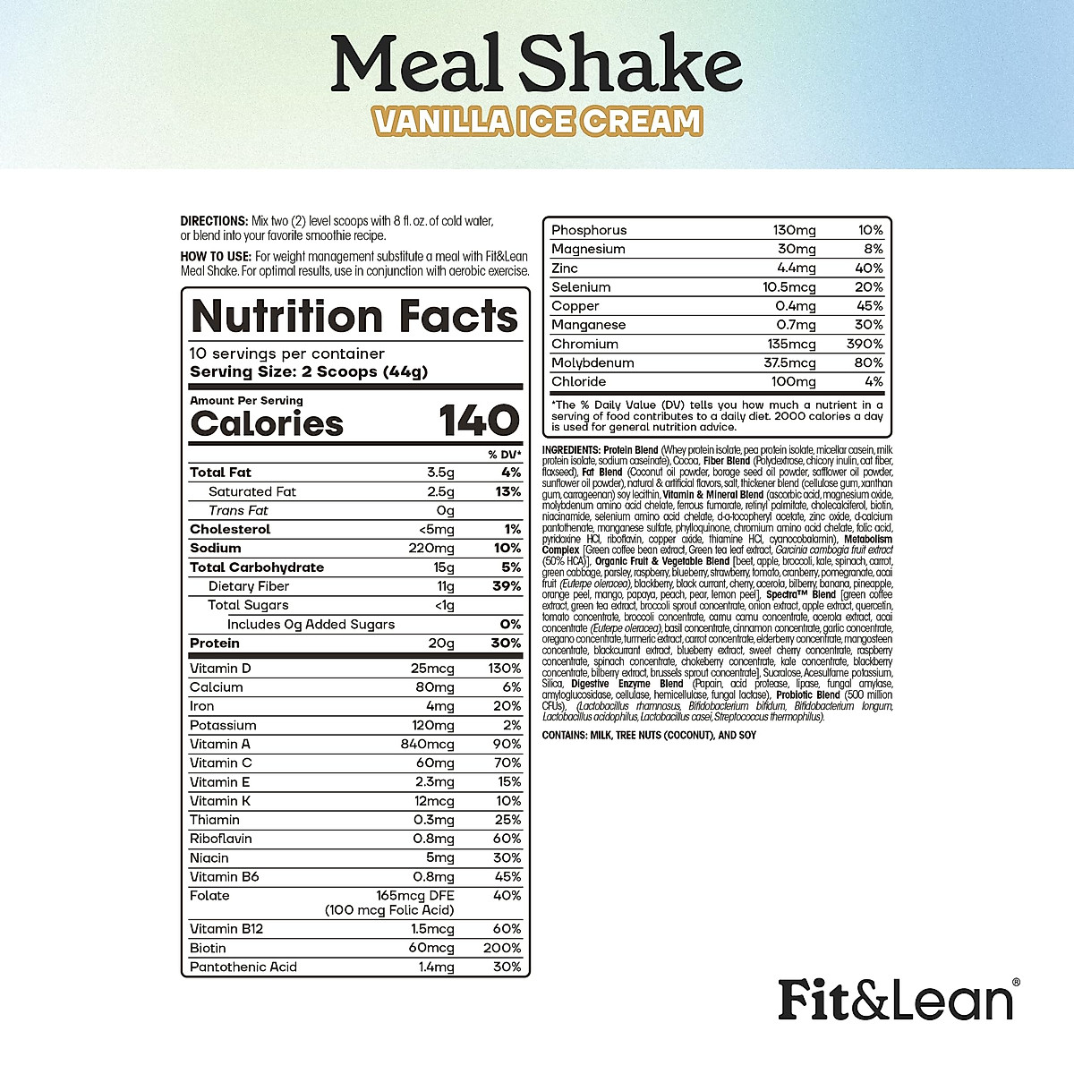 Fit & Lean Meal Shake, Fat Burning Meal Replacement, Protein, Fiber, Probiotics, Vanilla, 1lb, 10 Servings Per Container